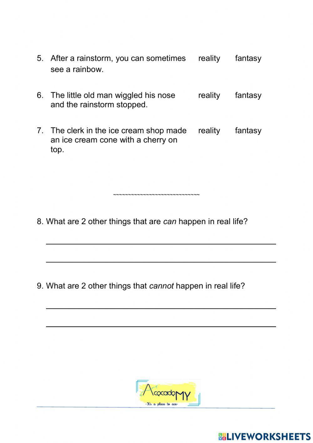 Reality VS Fant… | Free Interactive Worksheets | 2025914