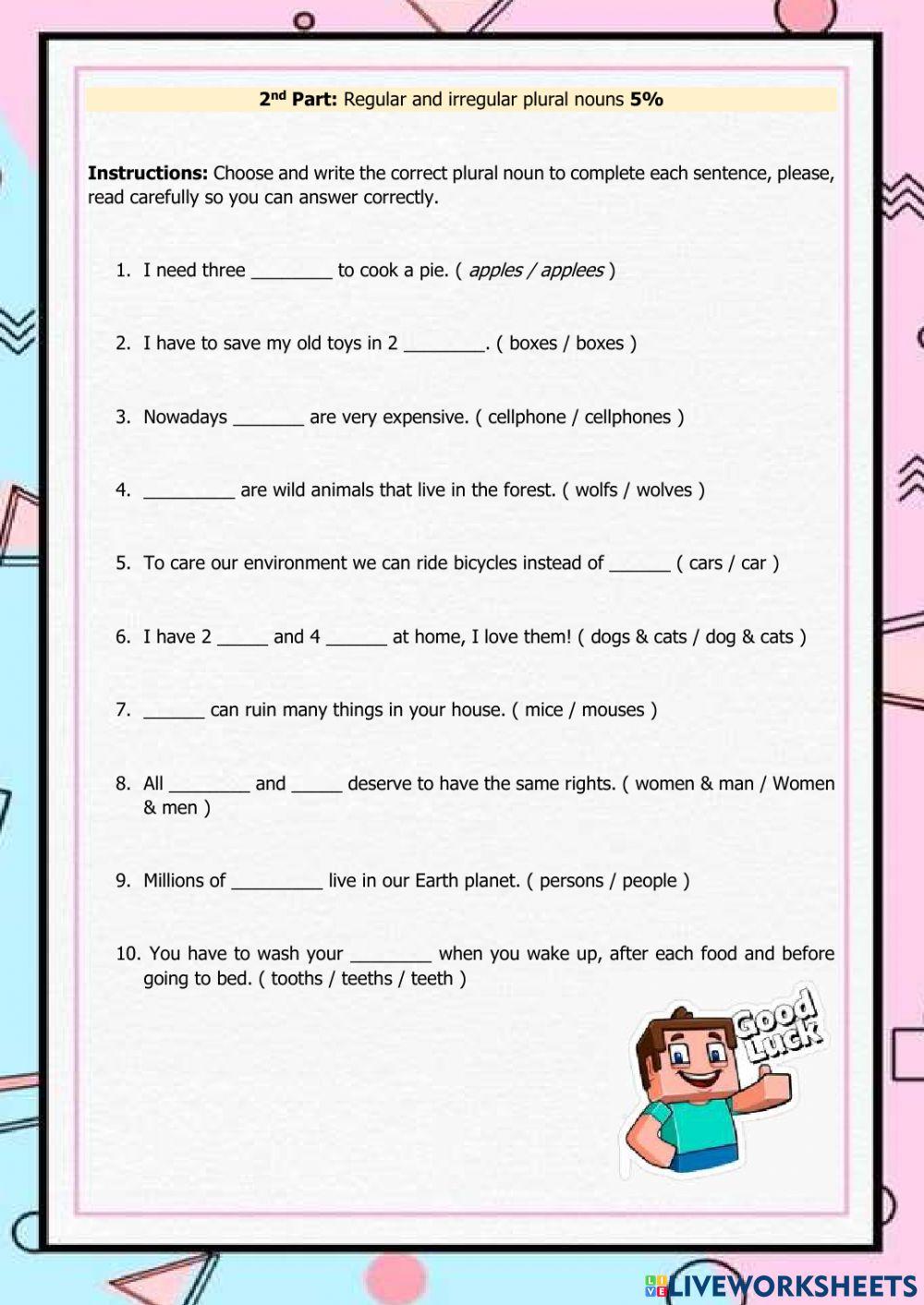 Verbs in past and plural nouns worksheet | Live Worksheets