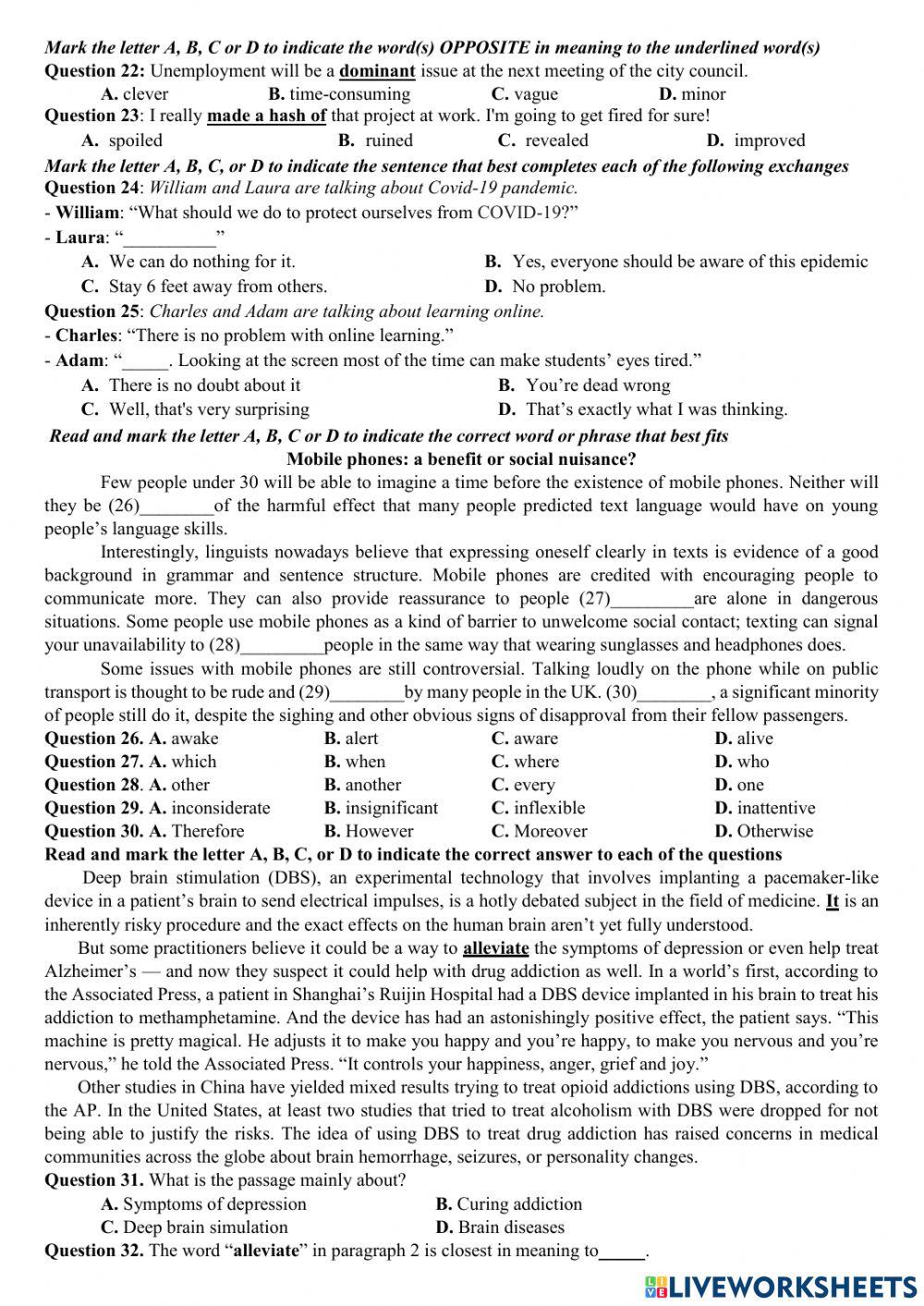 Grade 12- Test 36 | moonenglish123 | Live Worksheets