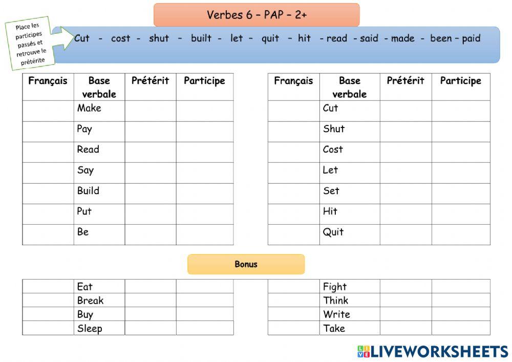 4-3 - verbes 6 - PAP - 2+ worksheet | Live Worksheets