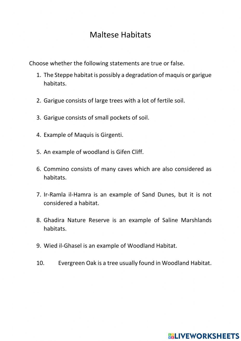 Maltese Habitats worksheet | Live Worksheets