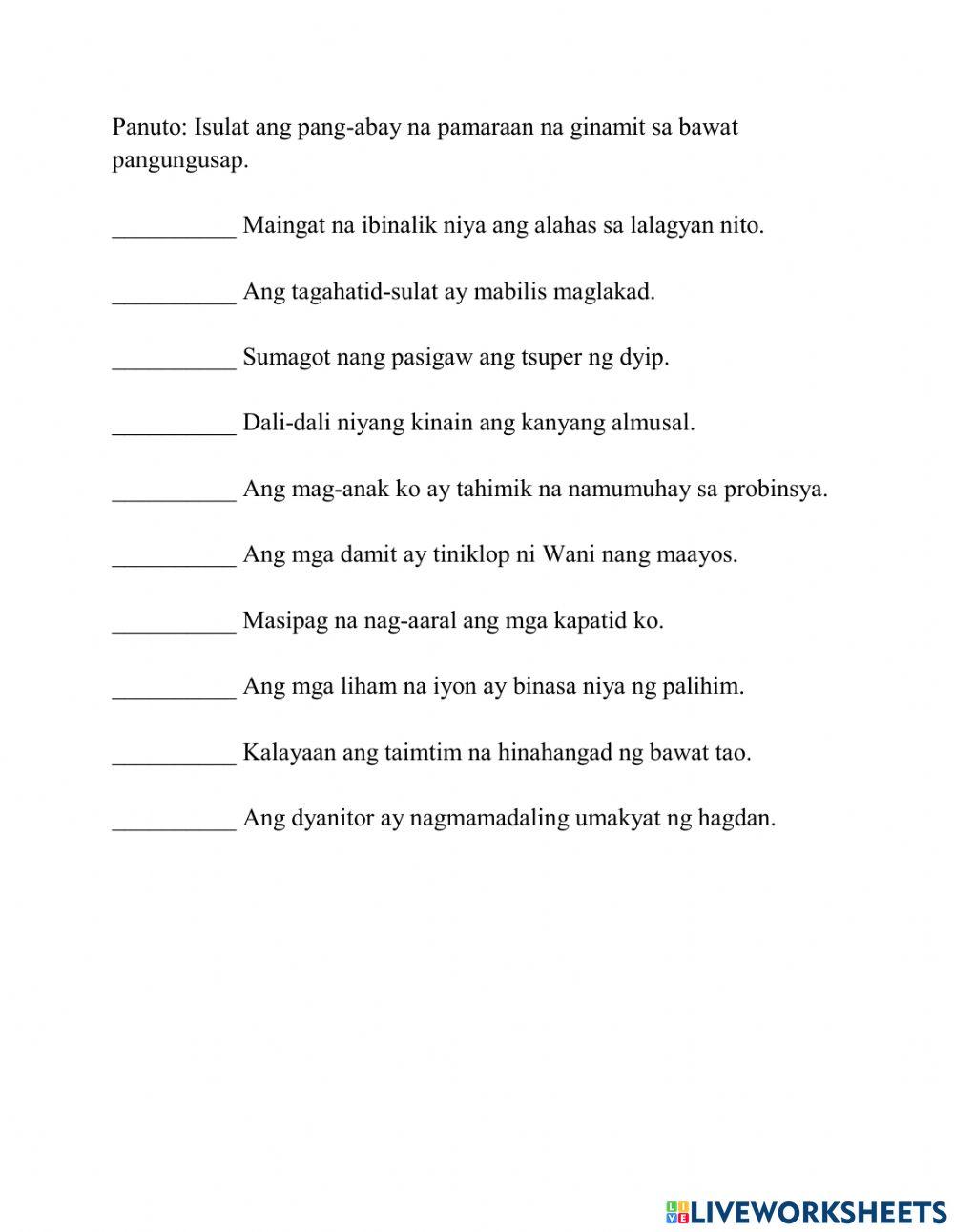 Pang Abay Na Pamaraan Interactive Worksheet – Bilarasa Pang Abay Na Pamaraan Interactive Worksheet – Bilarasa