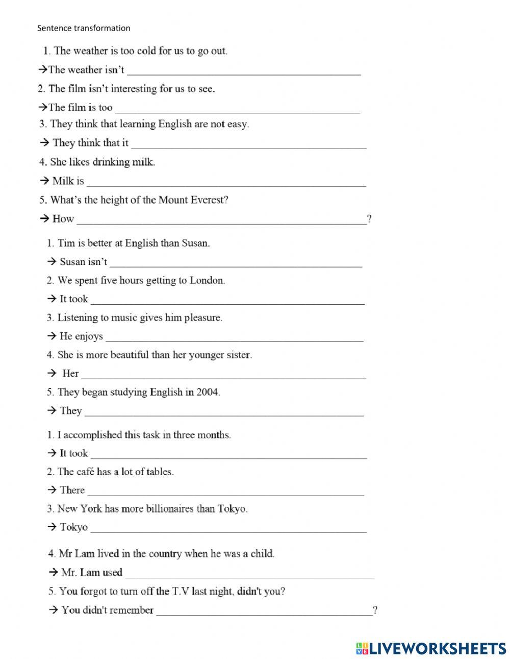 Lop 5- sentence transformation 3 worksheet | Live Worksheets