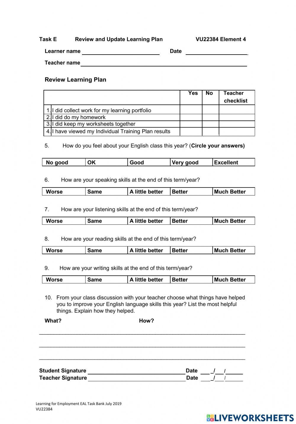 Task E Review and Update Learning Plan VU22384 Element 4 online ...