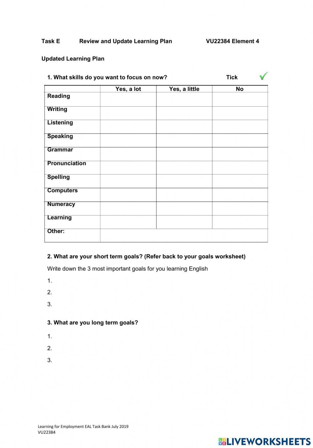 Task E Review and Update Learning Plan VU22384 Element 4 online ...