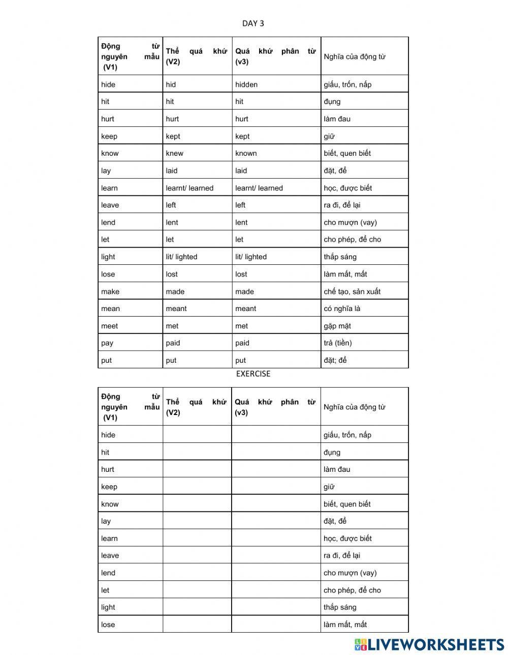 Irregular Verbs day 3 worksheet | Live Worksheets