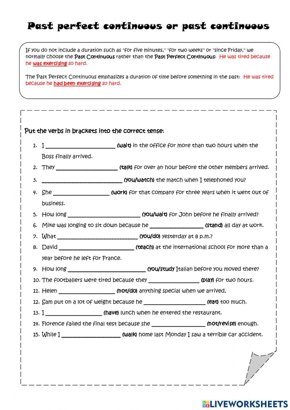 past perfect continuous vs past continuous online exercise for | Live ...