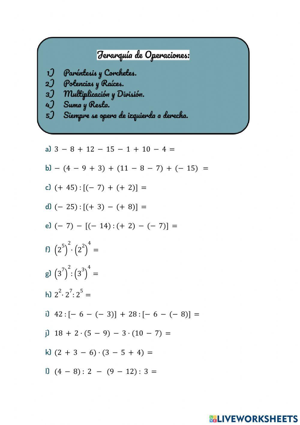 Operaciones Combinadas Con Enteros Interactive Worksheet Live ...