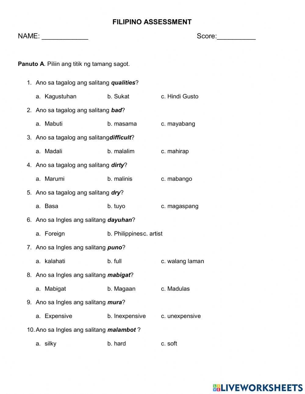 Filipino Panghalip worksheet | Live Worksheets