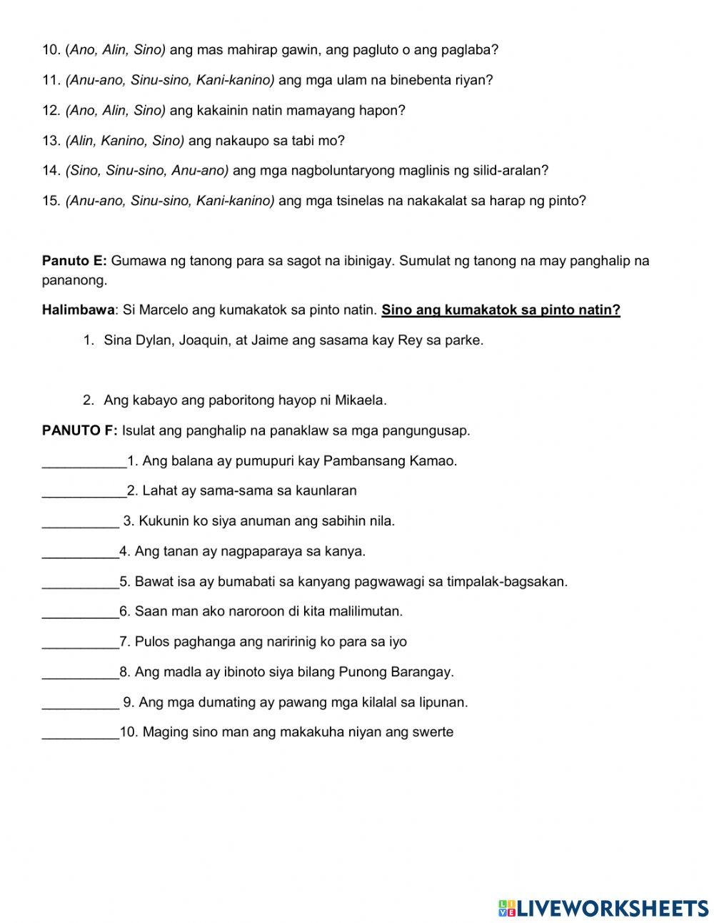Filipino Panghalip worksheet | Live Worksheets