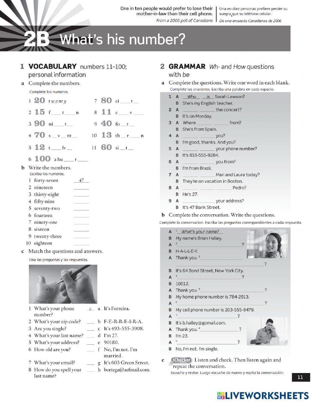 2B What's his number Workbook worksheet | Live Worksheets