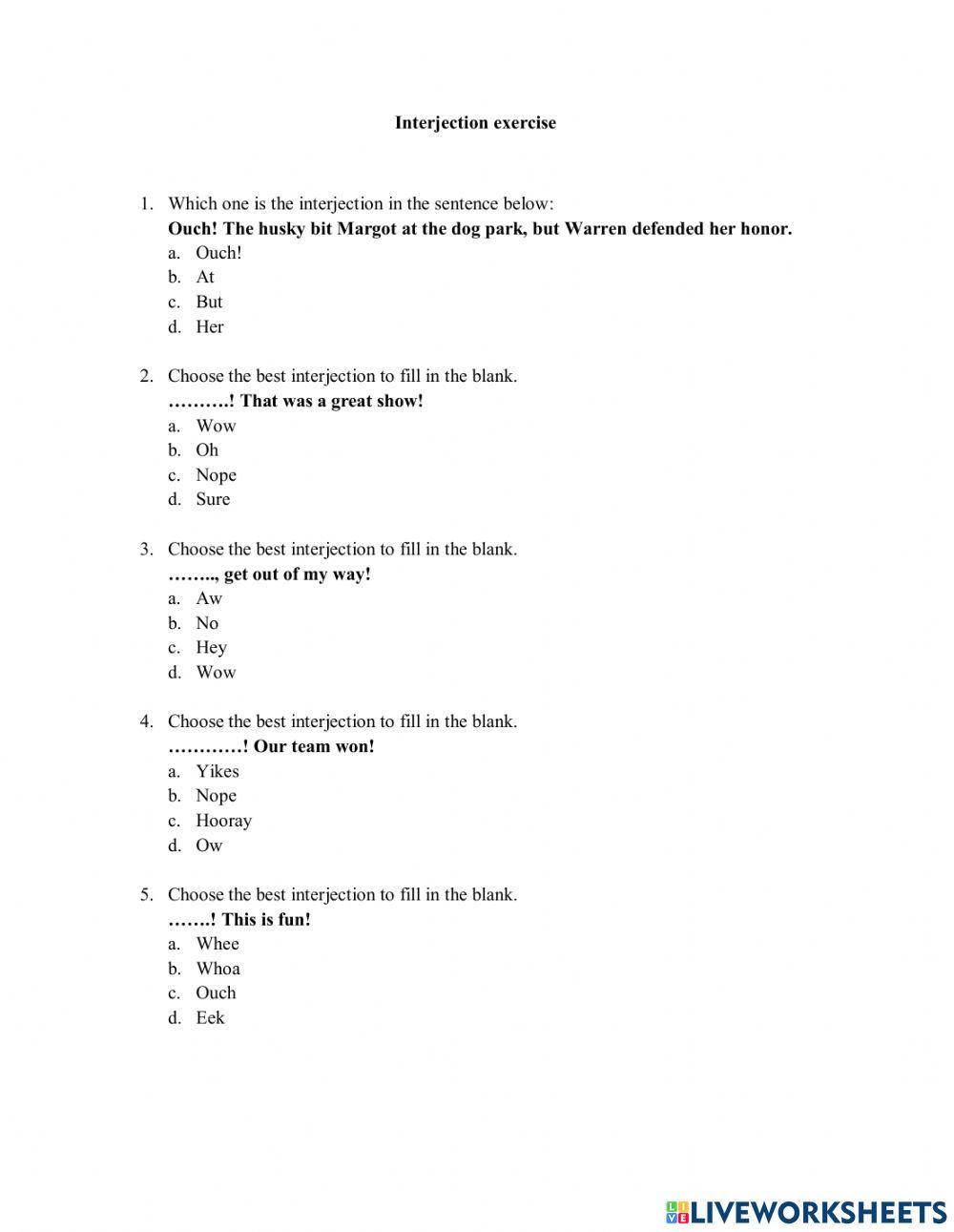 Interjection exercise online exercise for | Live Worksheets