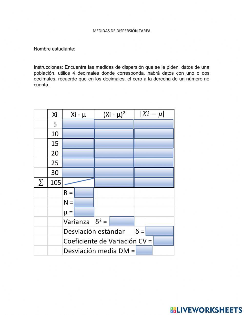 Tarea medidas de dispersión worksheet | Live Worksheets