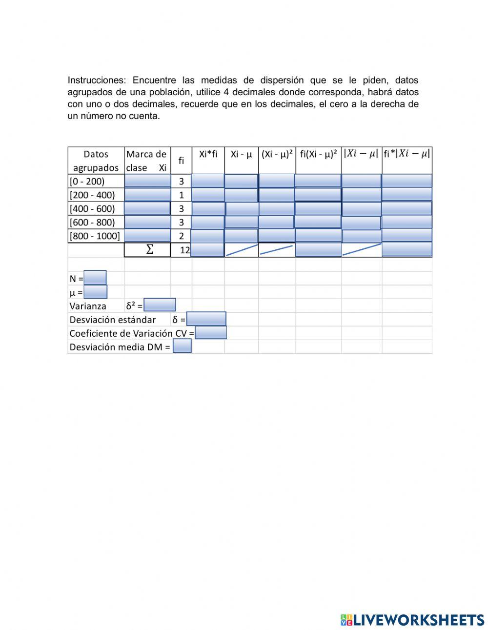 Tarea medidas de dispersión worksheet | Live Worksheets