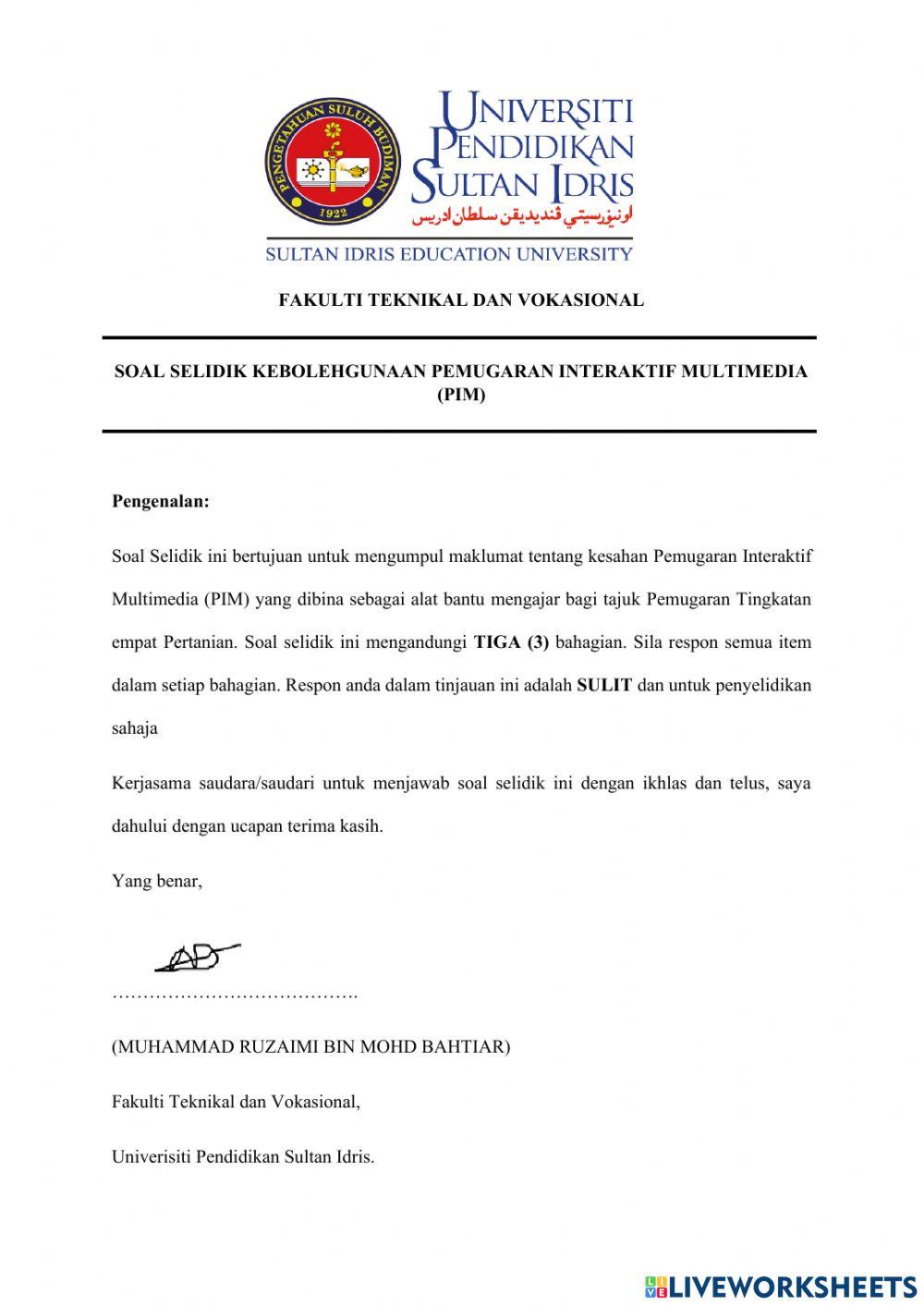 Borang Kebolehgunaan PIM worksheet | Live Worksheets