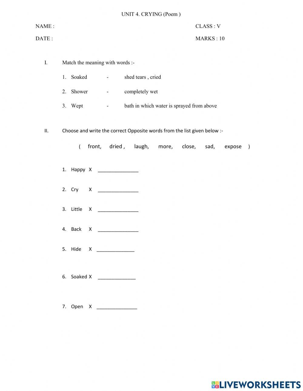Unit 4 crying (… | Free Interactive Worksheets | 2068519