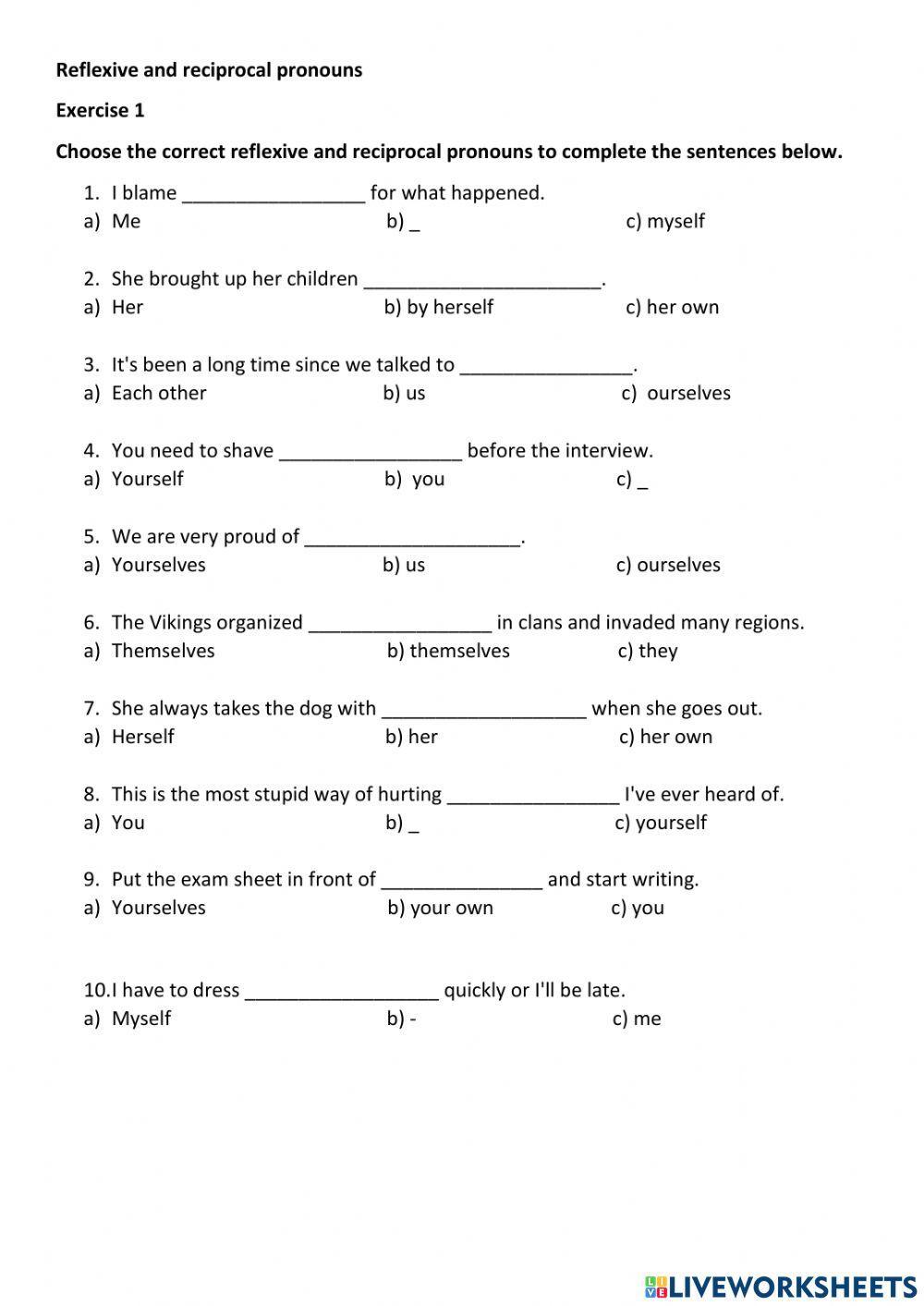 Reflexive and reciprocal pronouns exercise | Live Worksheets