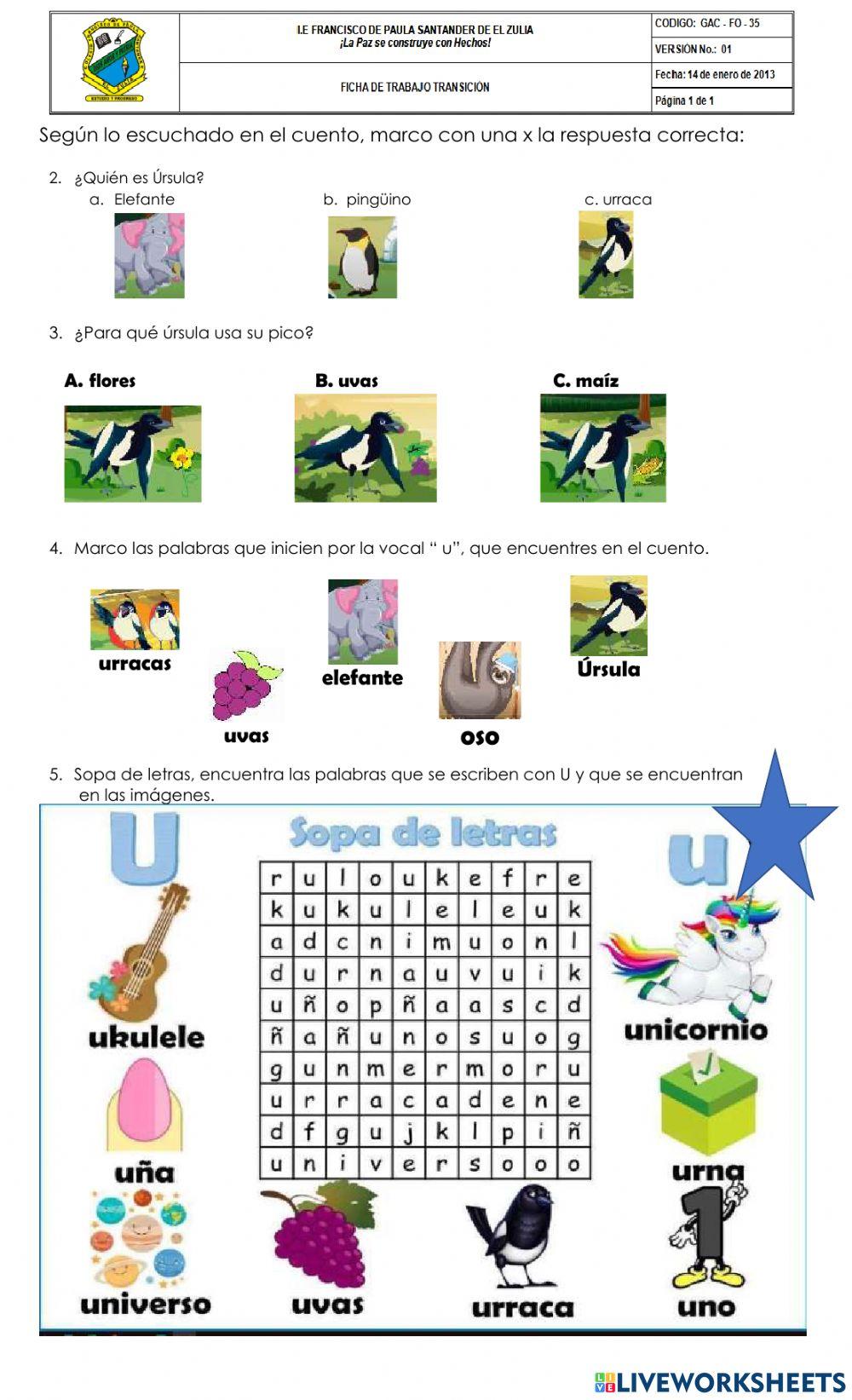 Vocal u online pdf worksheet | Live Worksheets