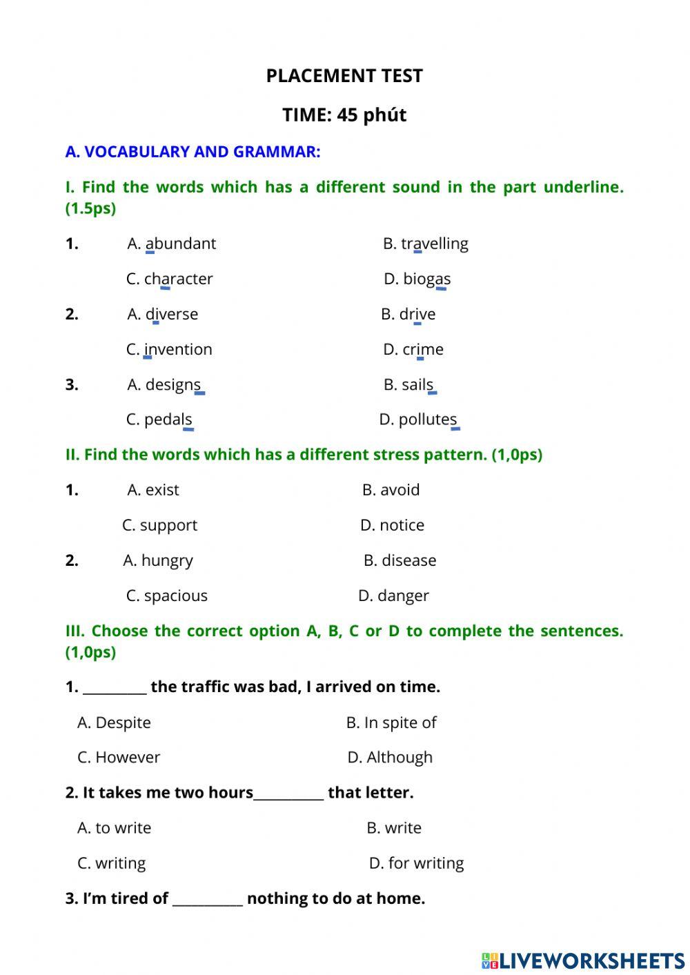 Placement test online activity for 7 | Live Worksheets