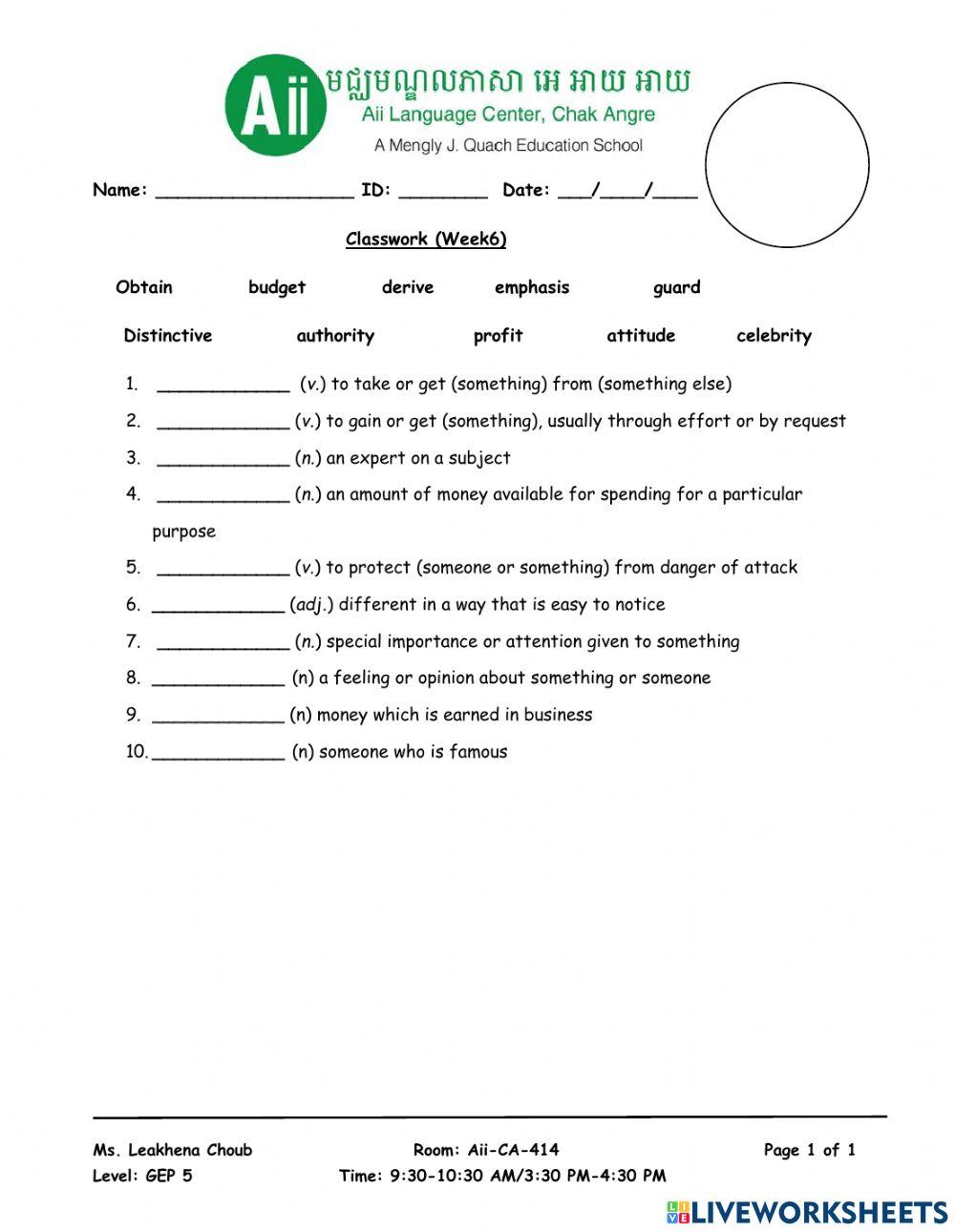Classwork(Week6)-Unit7B online exercise for | Live Worksheets
