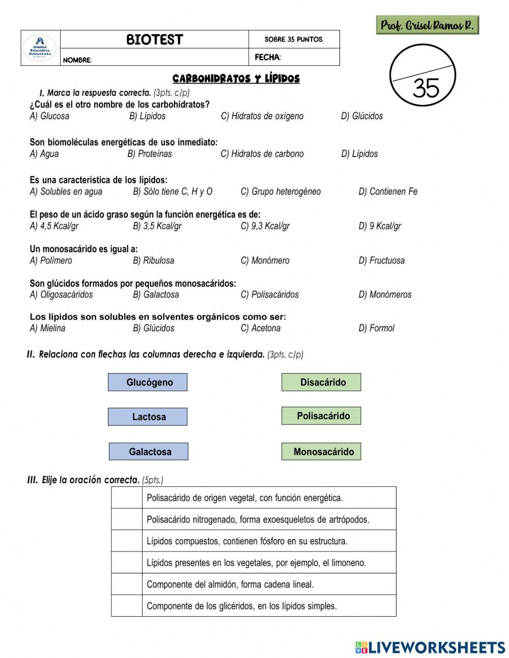 Evaluación de Glúcidos y Lípidos 2069080 | Grisel Ramos
