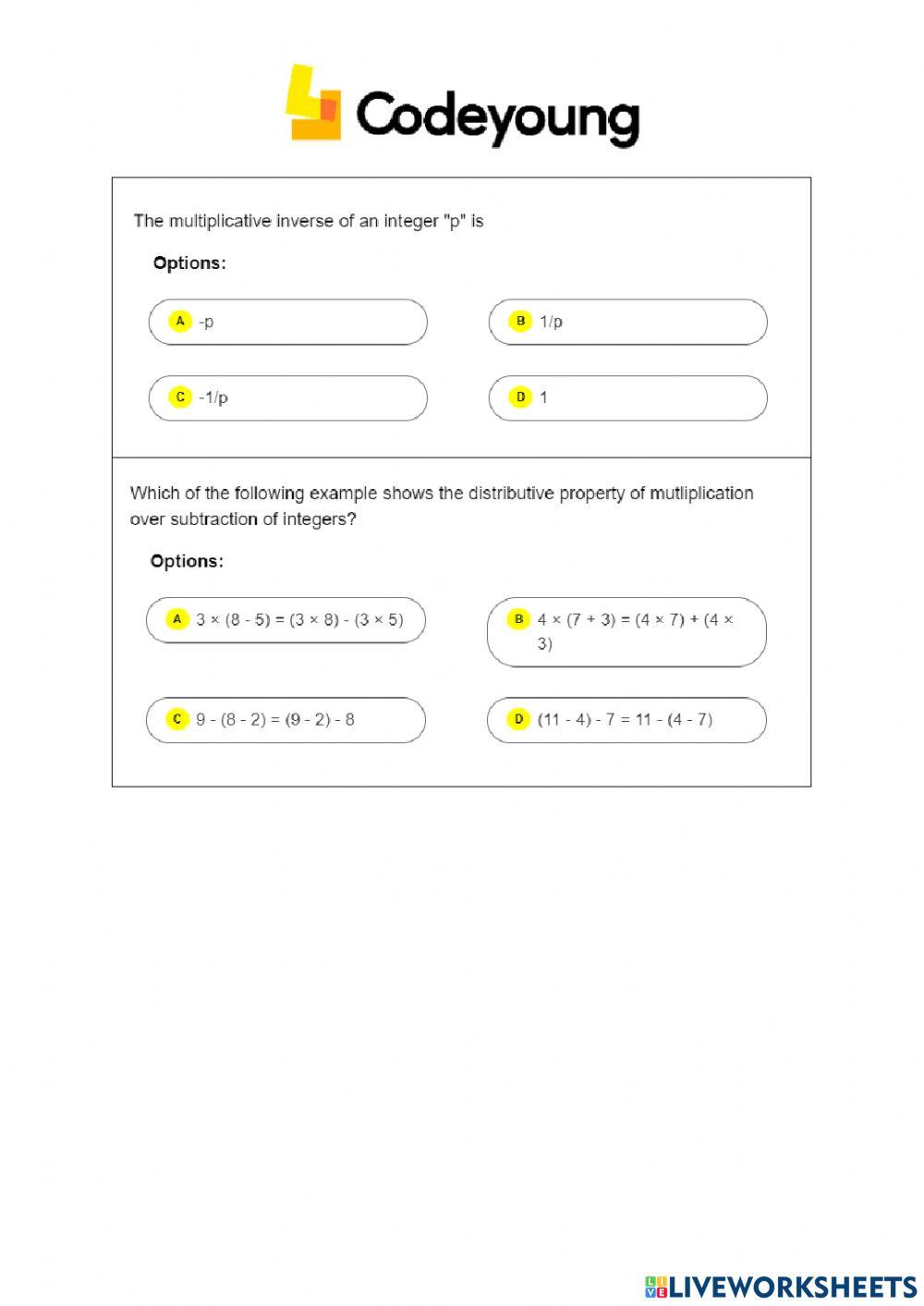 Properties of Integer Addition and Subtraction Concept CW worksheet ...