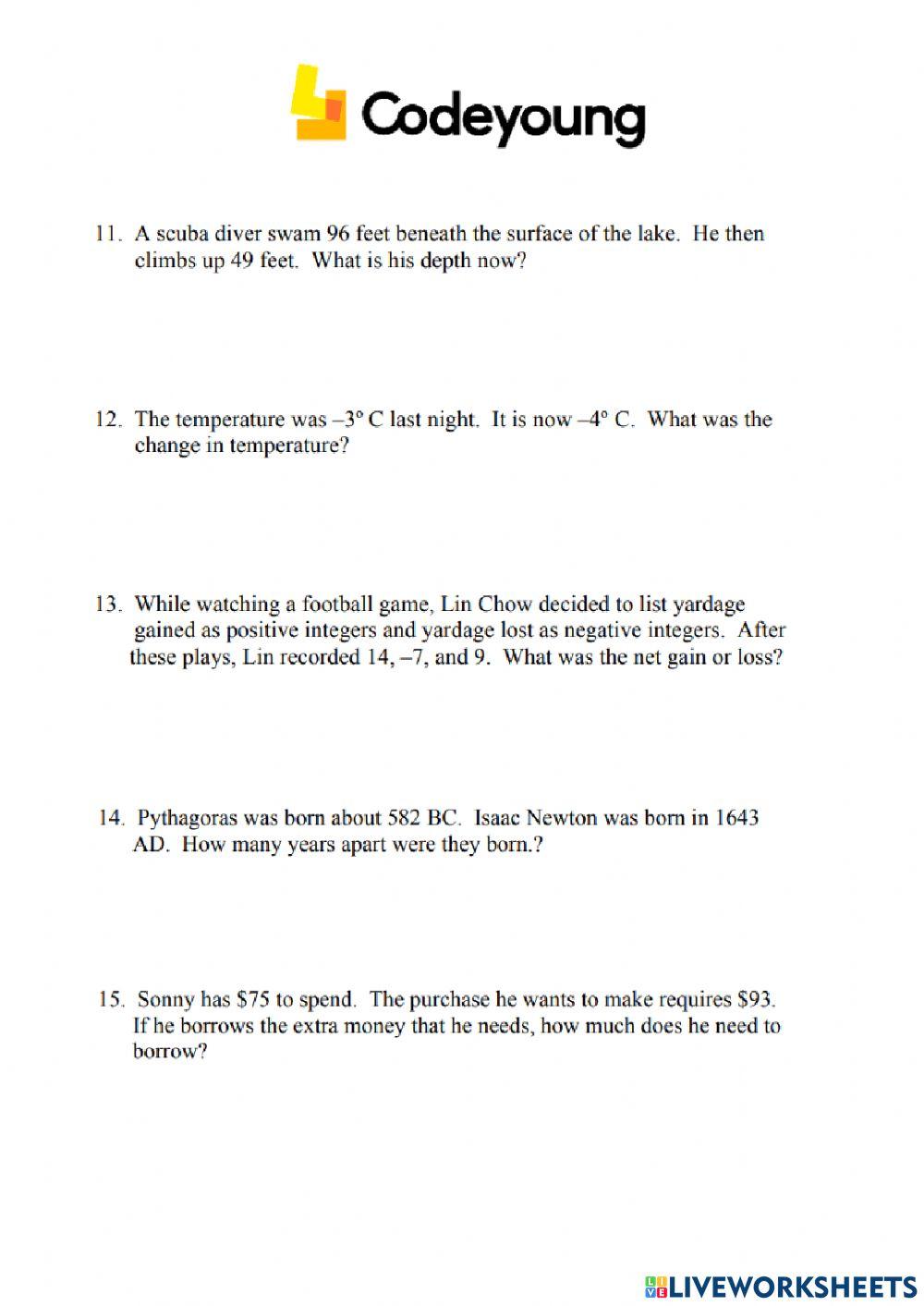 Applied Problems on addition and subtraction (Application) worksheet ...
