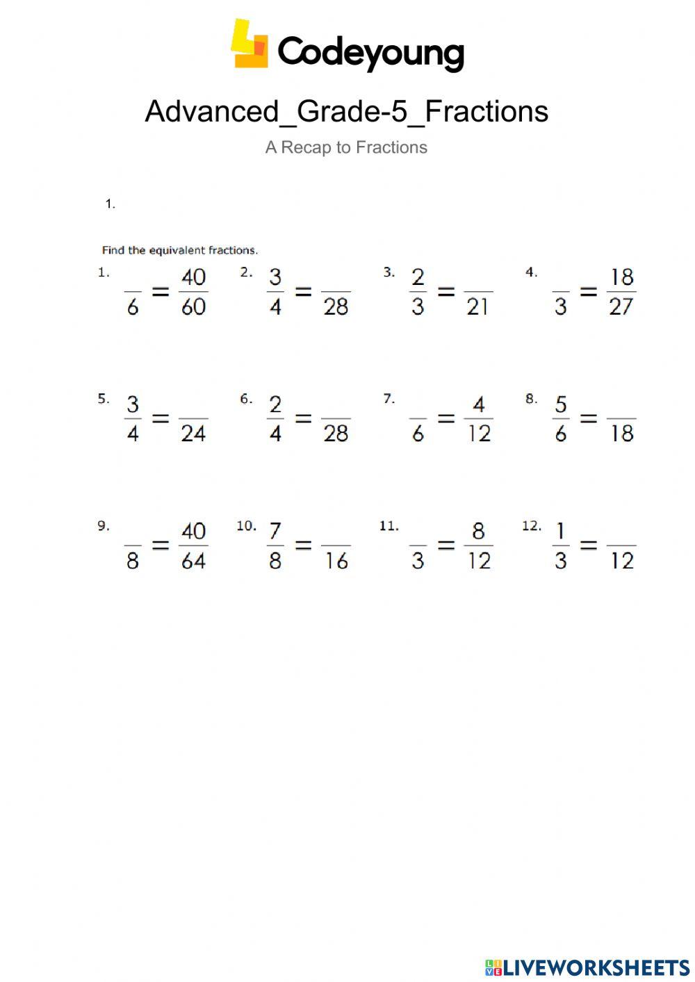 Advanced-A Recap to Fractions worksheet | Live Worksheets