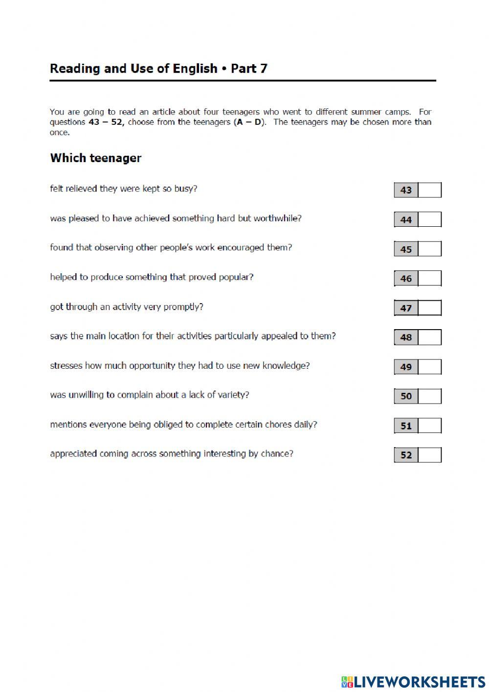 FCE Reading online exercise for | Live Worksheets