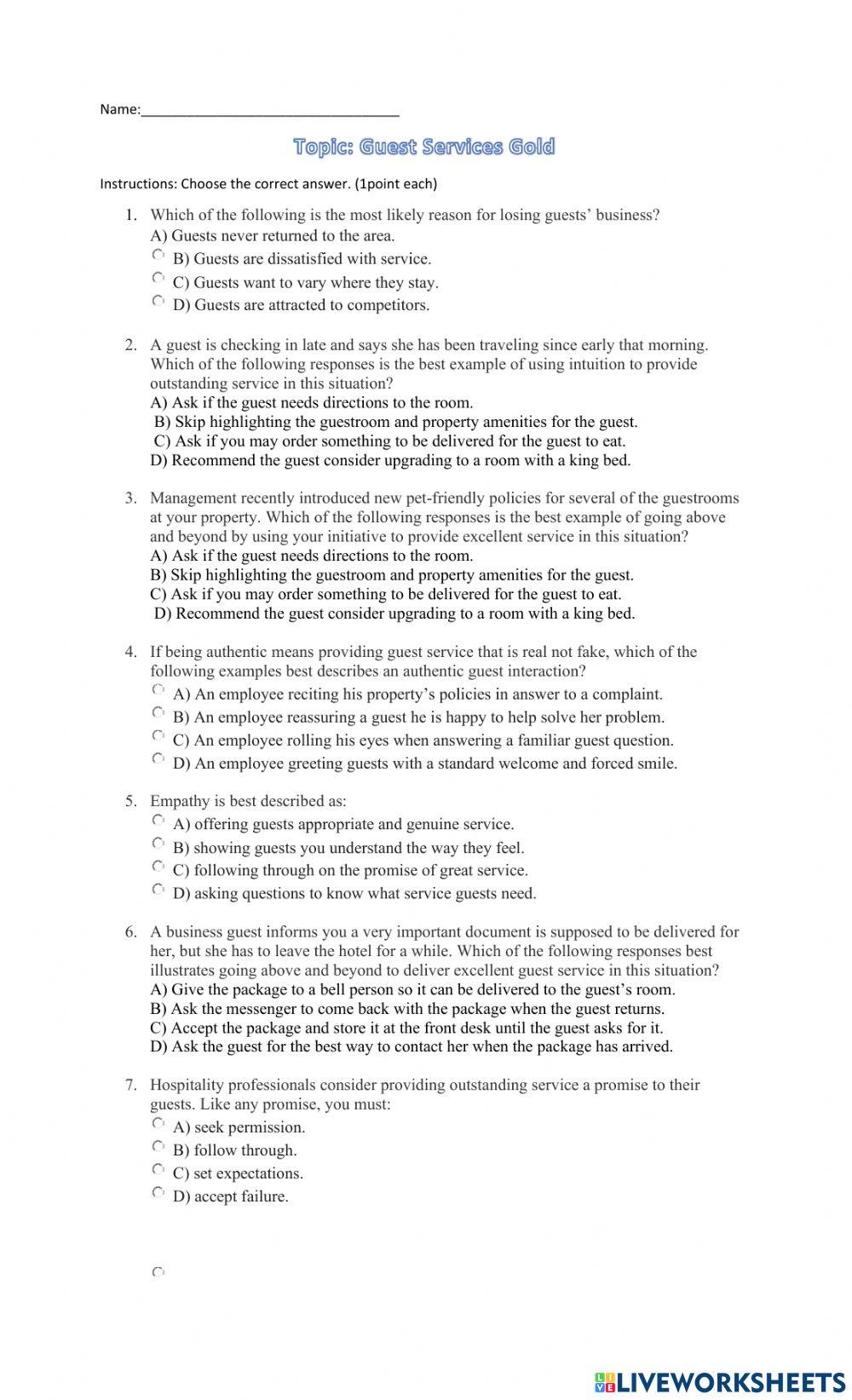 Guest Service Gold Mock Exam 2022 online exercise for | Live Worksheets