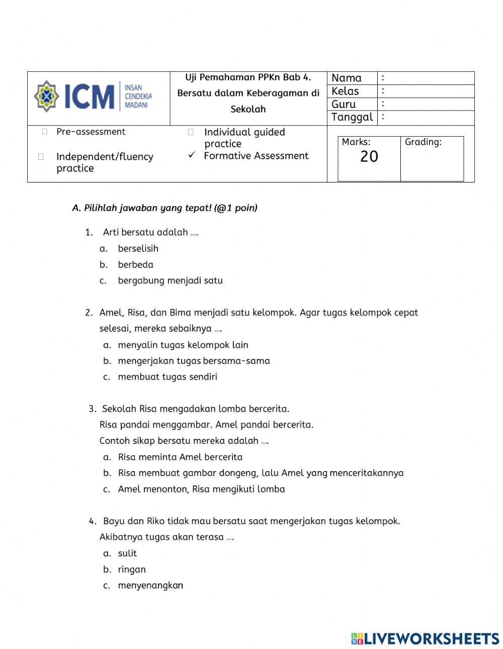 Uji Pemahaman PPKn Bab 4. Bersatu dalam Keberagaman