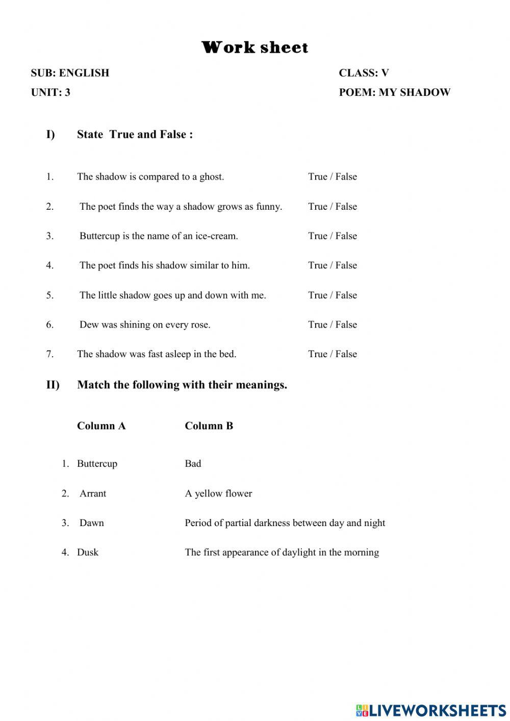 My shadow | Free Interactive Worksheets | 2070293