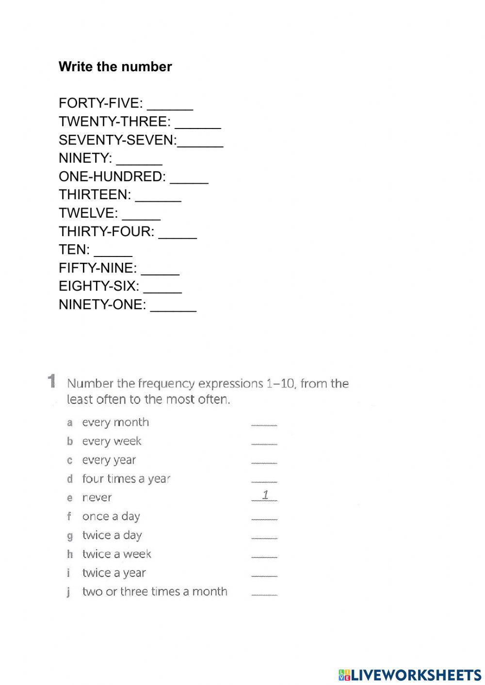 Numbers, shopping and expressions of frequency worksheet | Live Worksheets