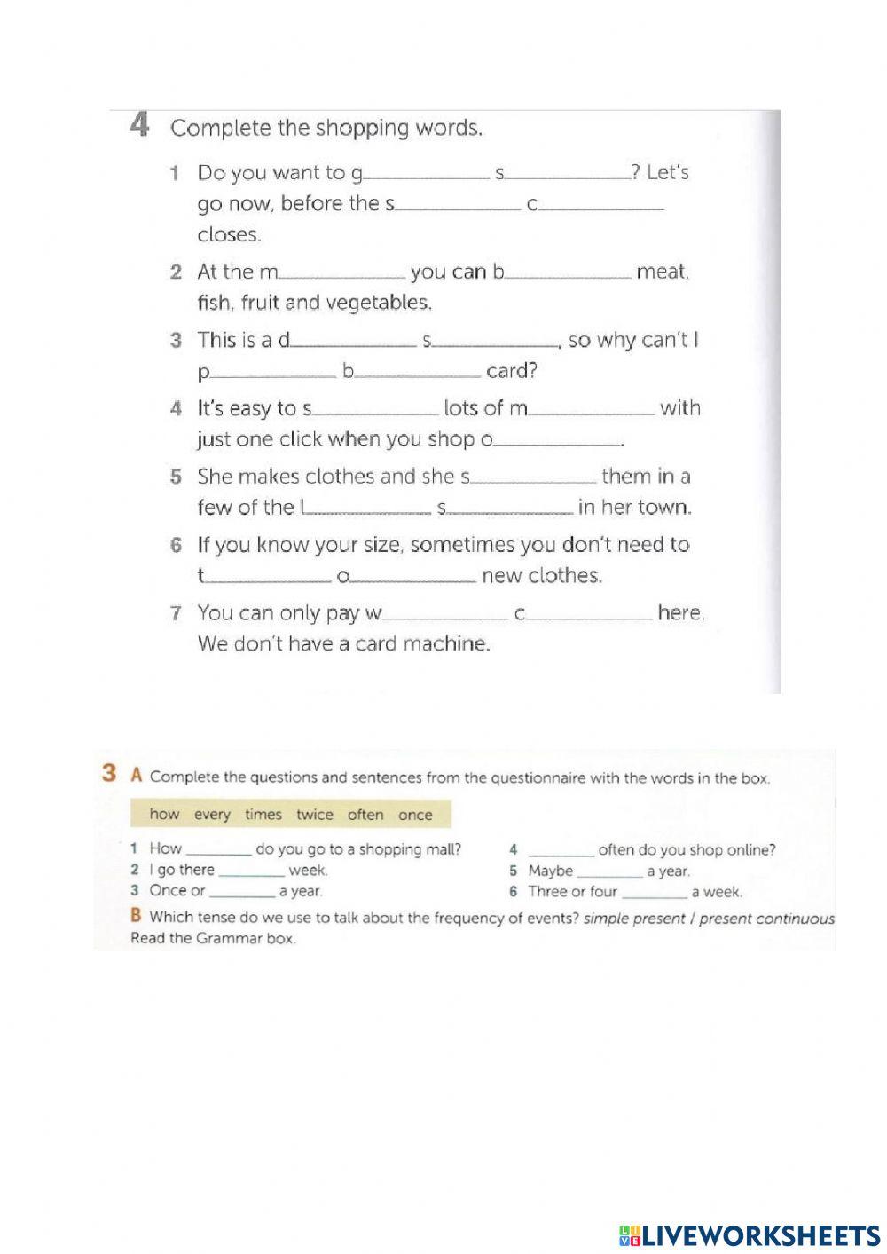 Numbers, shopping and expressions of frequency worksheet | Live Worksheets
