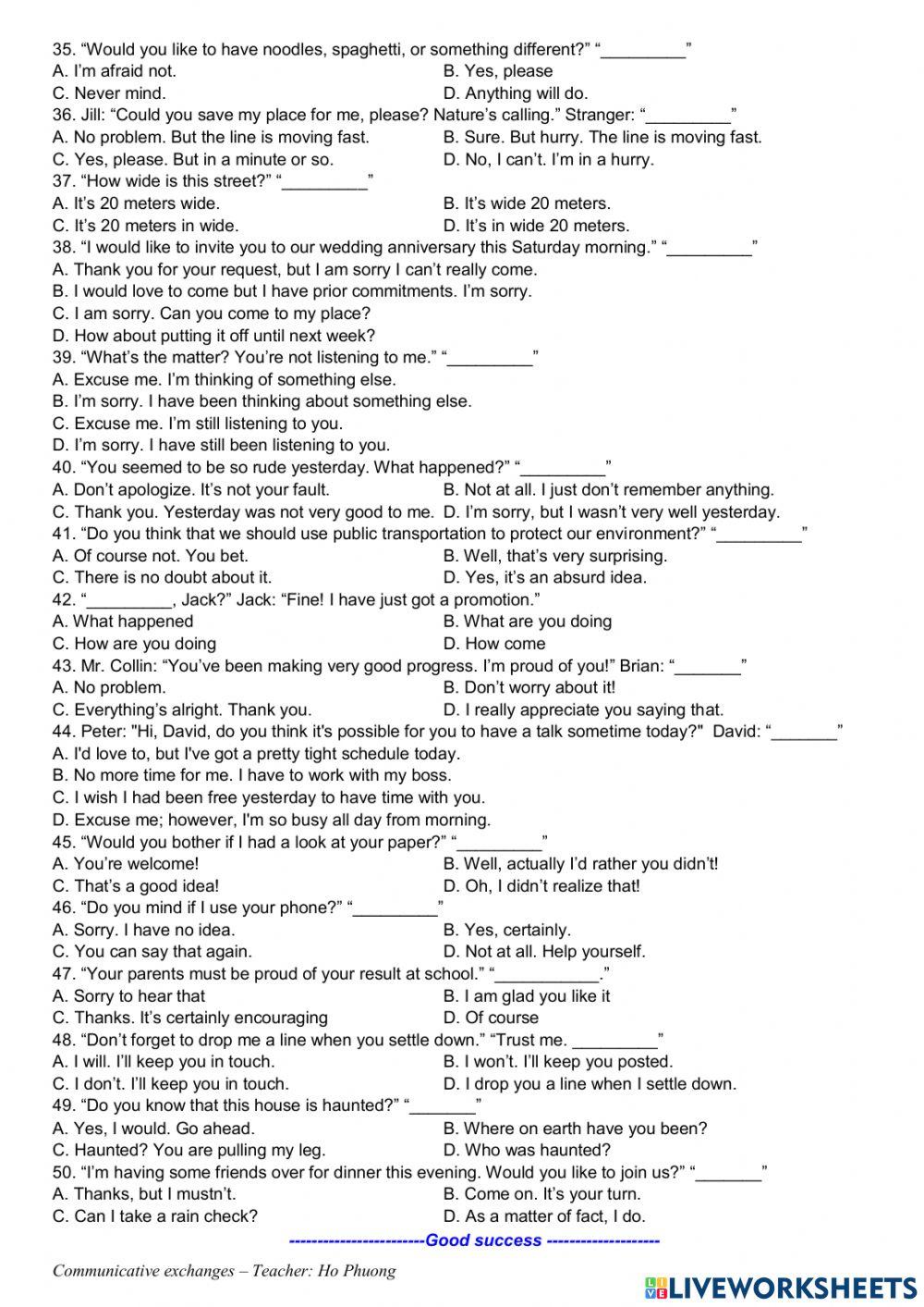Communicative exchanges - Ms Phuong worksheet | Live Worksheets