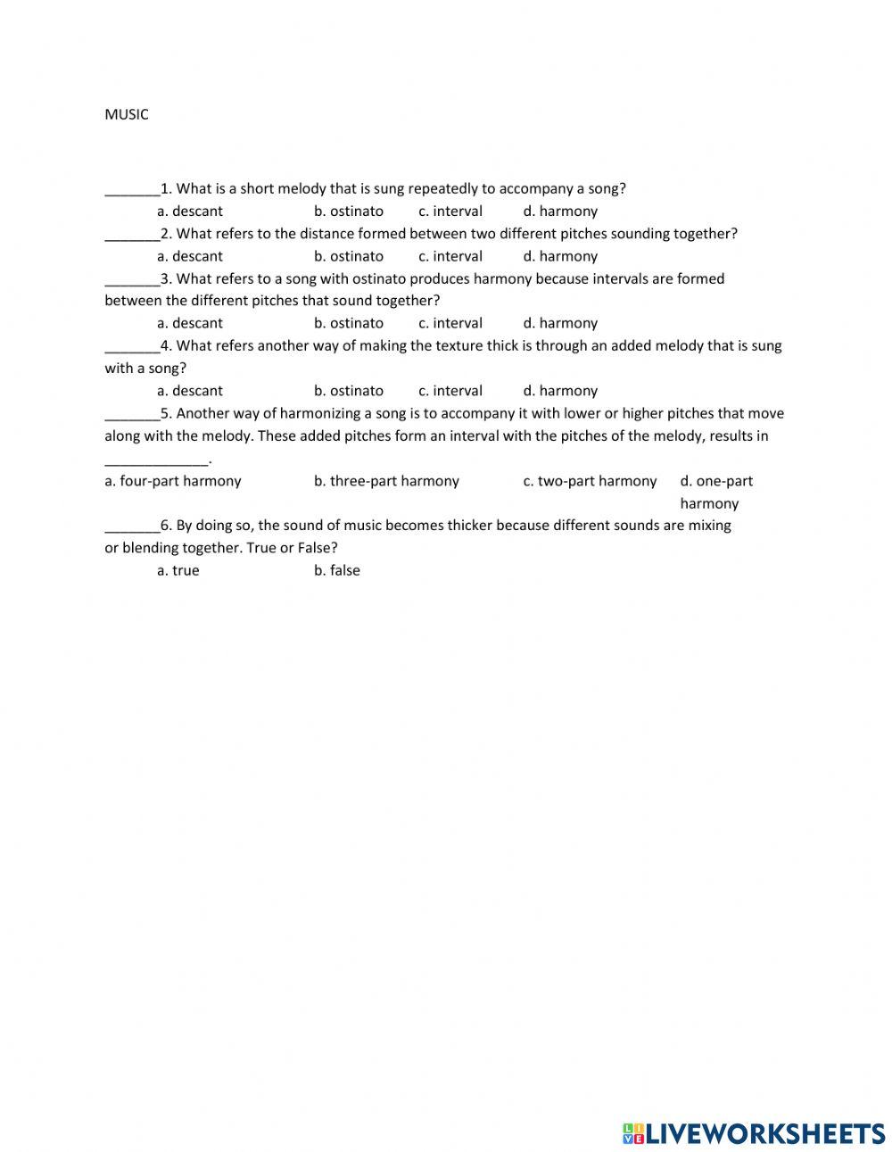 Grade 4 - Music | Free Interactive Worksheets | 5342065