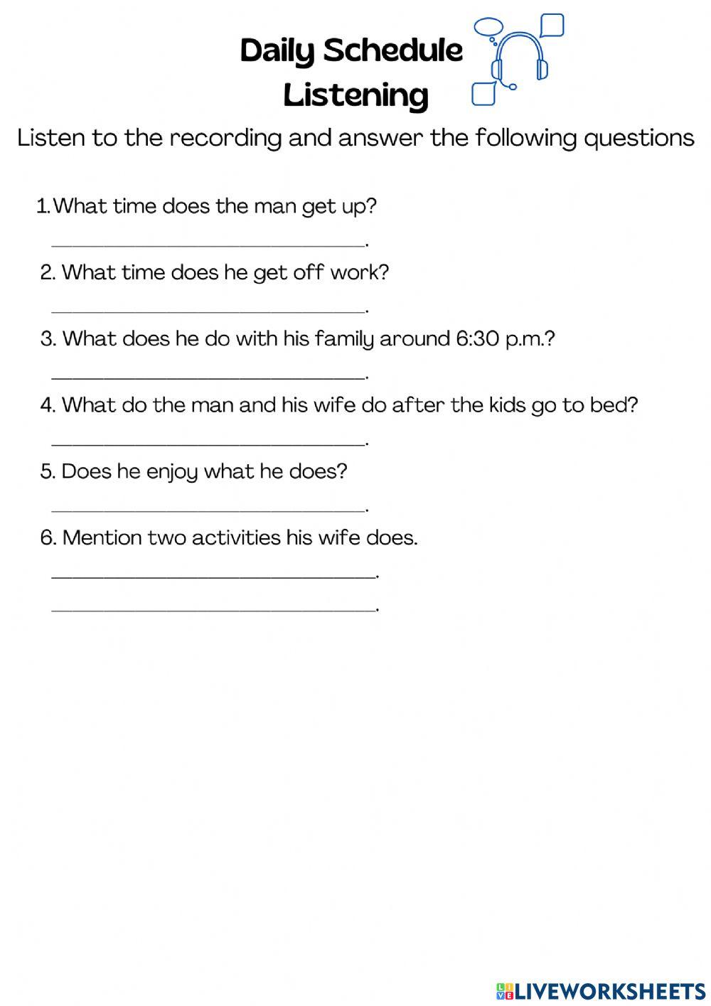 Daily Schedule online worksheet for Intermediate | Live Worksheets