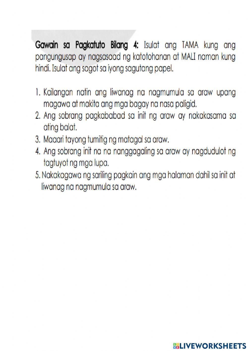 Gawain sa Pagkatuto Bilang 4 online exercise for | Live Worksheets