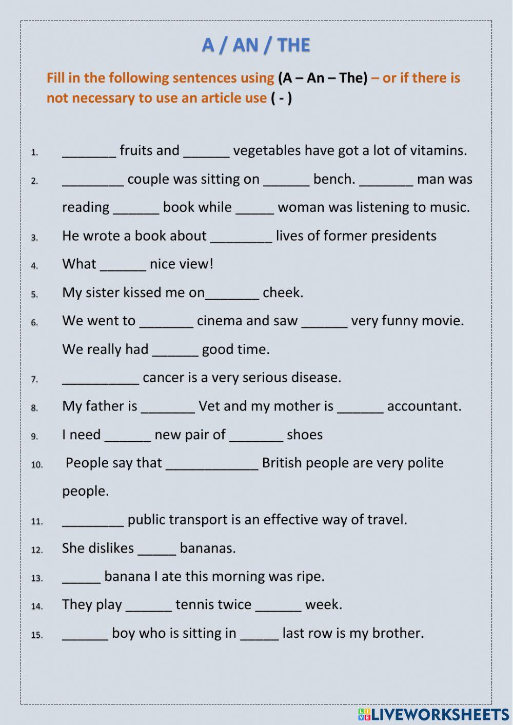 A - the - an | Free Interactive Worksheets | 2854441