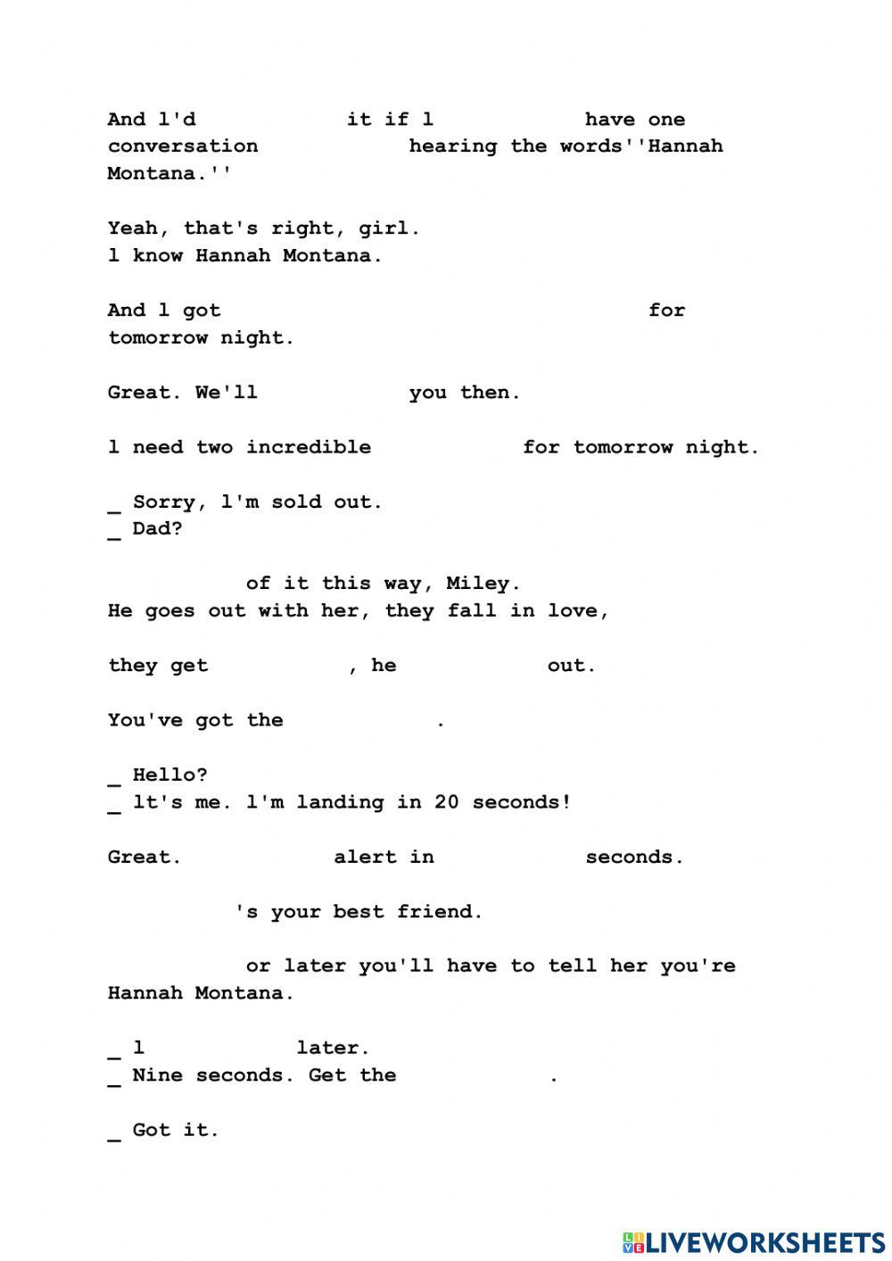 Hannah Montana pilot part 1 online exercise for | Live Worksheets