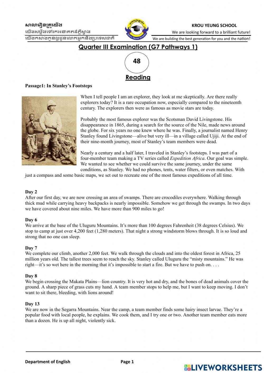 Reading G7 PW term 3, 2021-2022 worksheet | Live Worksheets