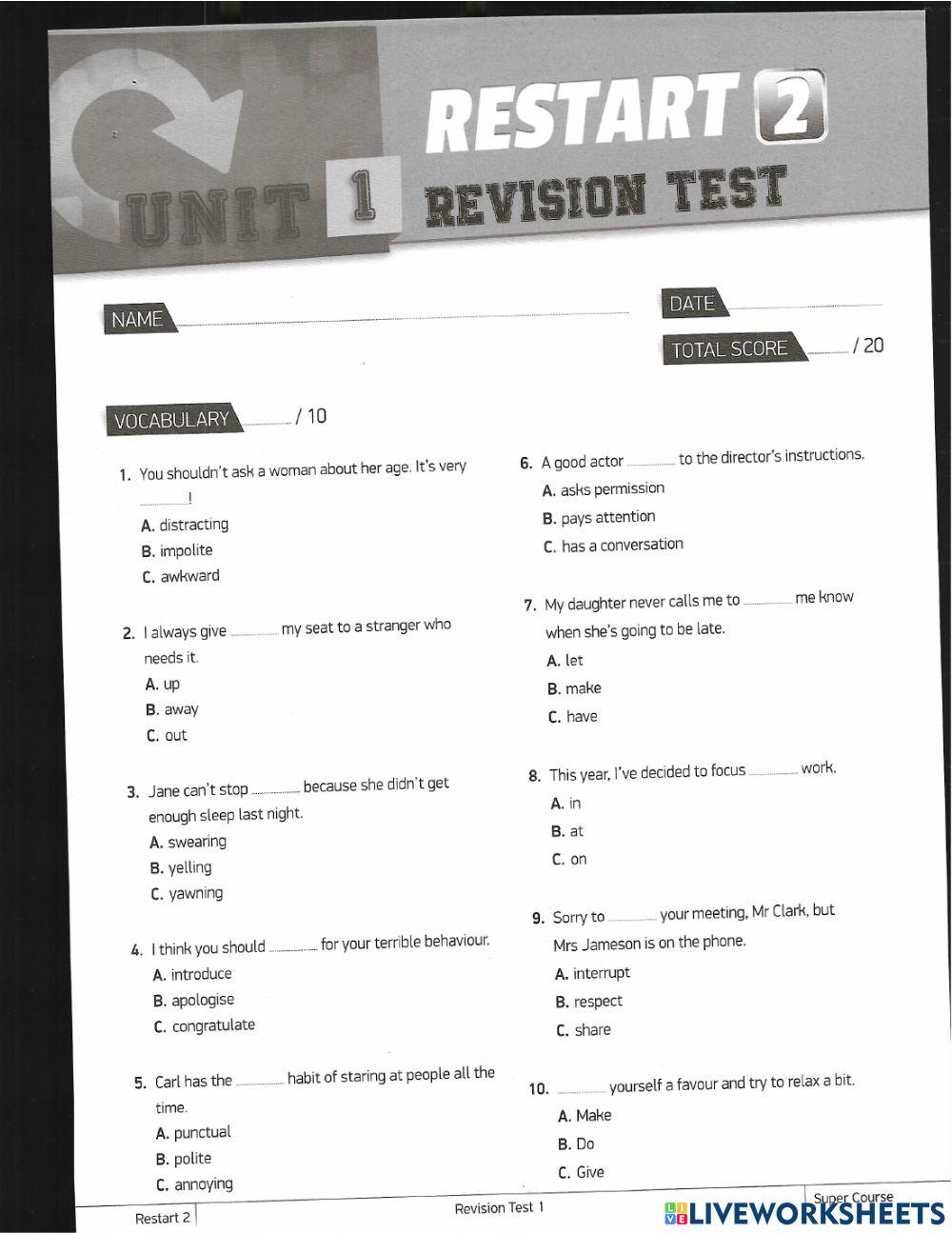 Restart Unit 1 Test online exercise for | Live Worksheets