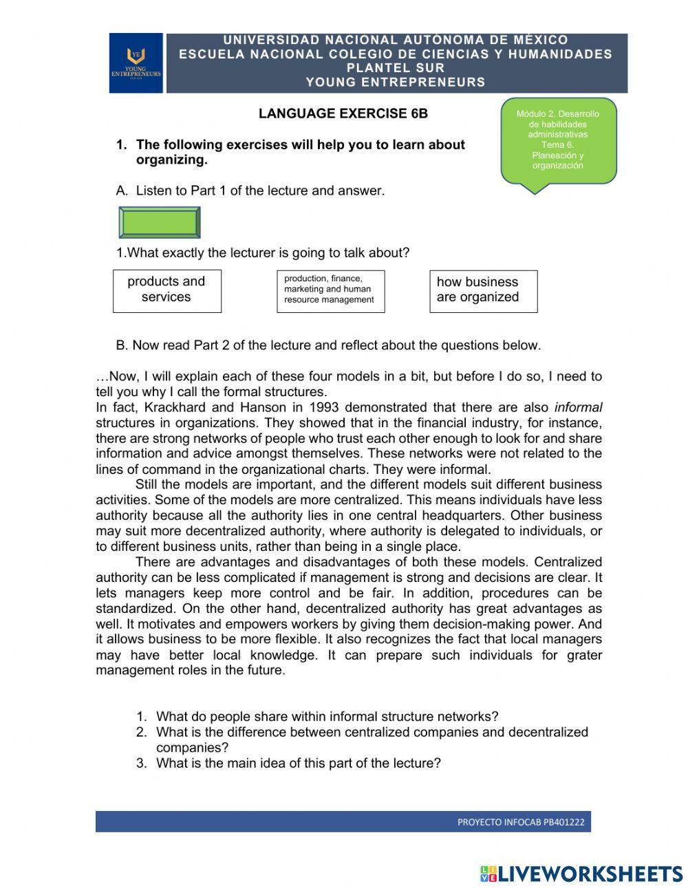 6B Organizing online exercise for | Live Worksheets