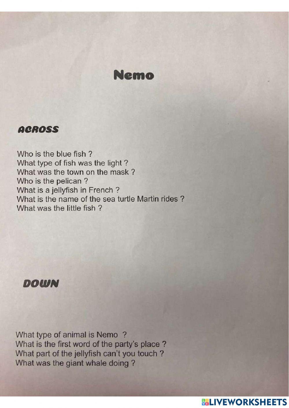 Finding Nemo activity | Live Worksheets