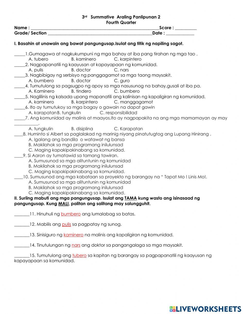 Araling Panlipunan 2 SUMMATIVE TEST -3-Q4 online exercise for | Live ...