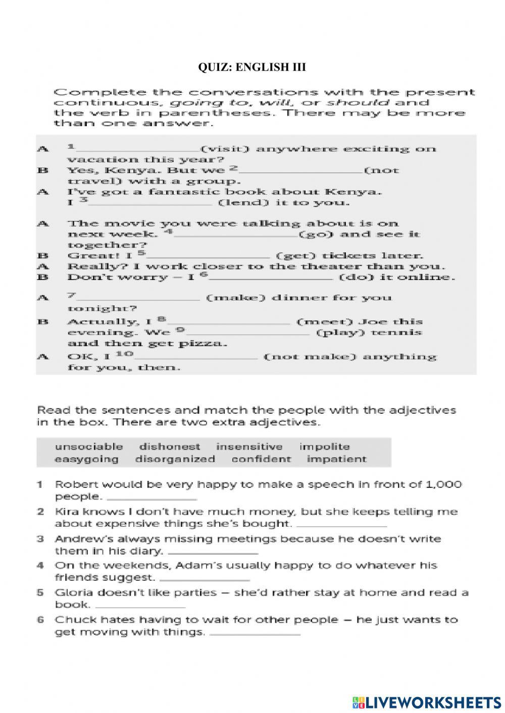 QUIZ: English I… | Free Interactive Worksheets | 2072665