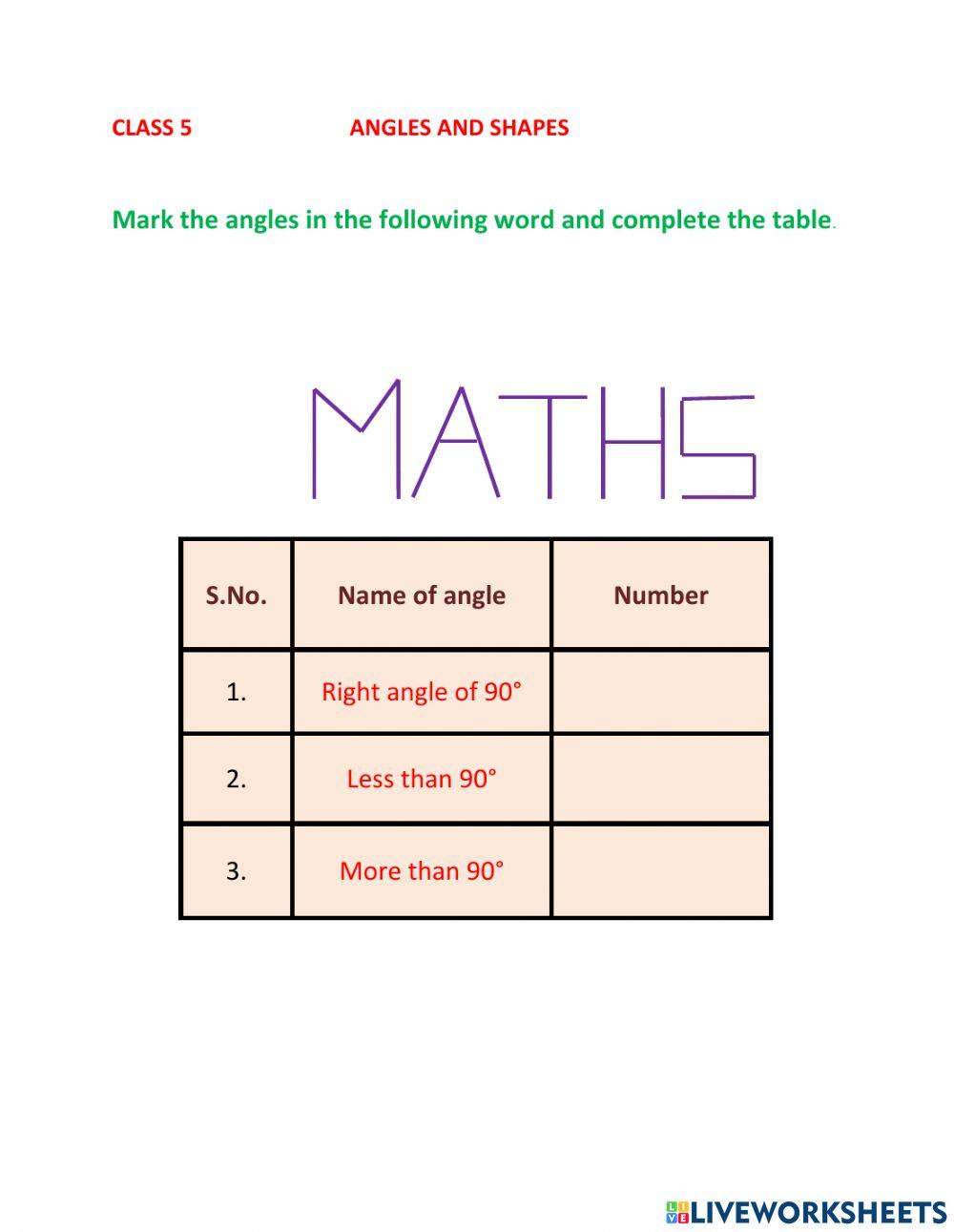Angles worksheet for 5 | Live Worksheets