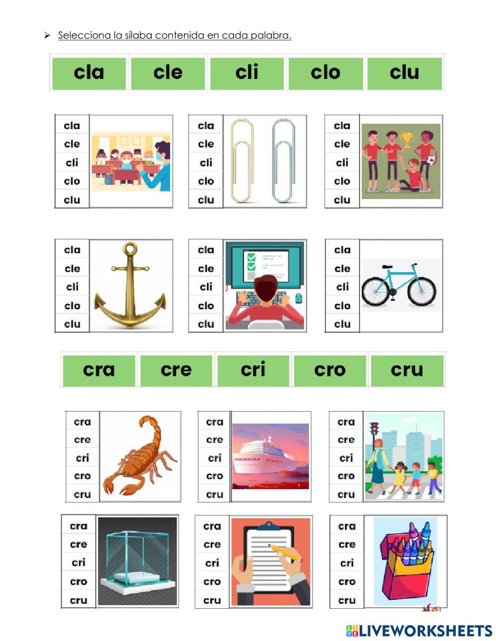 Sílabas con cr y cl worksheet | Live Worksheets