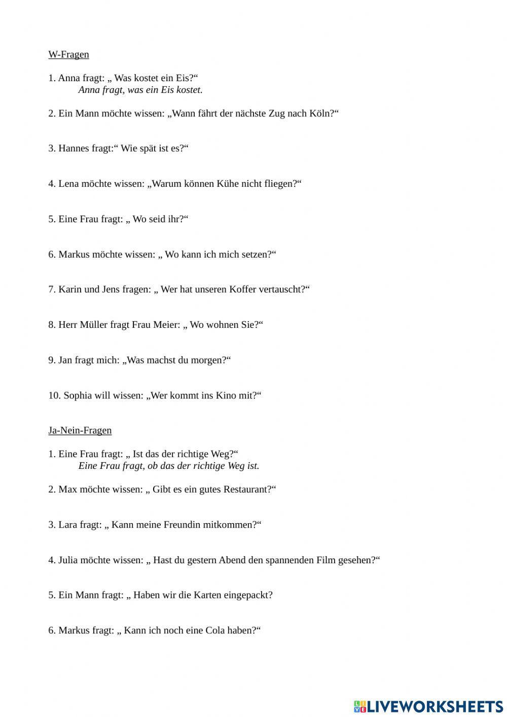 W-Fragen und ob online exercise for | Live Worksheets