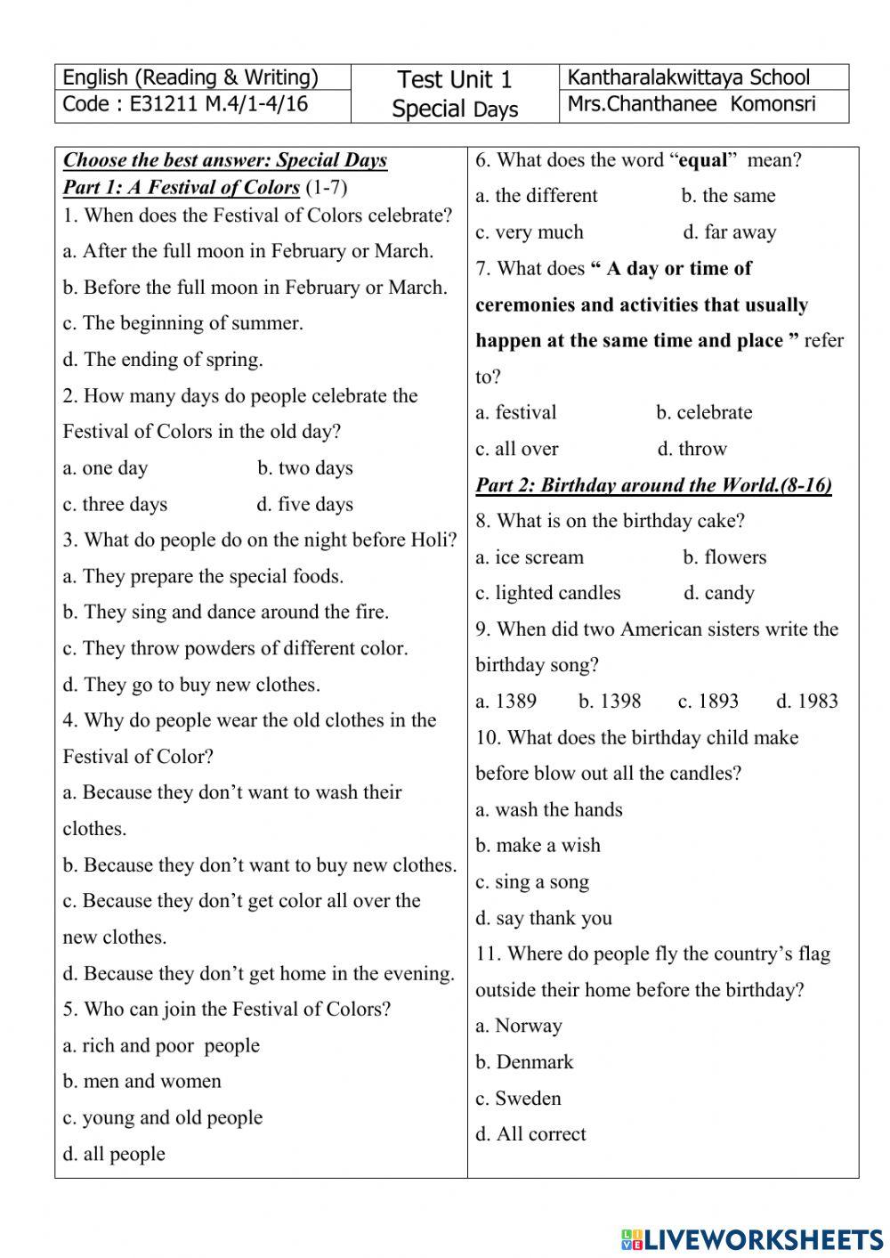Test unit1 Special Days worksheet | Live Worksheets